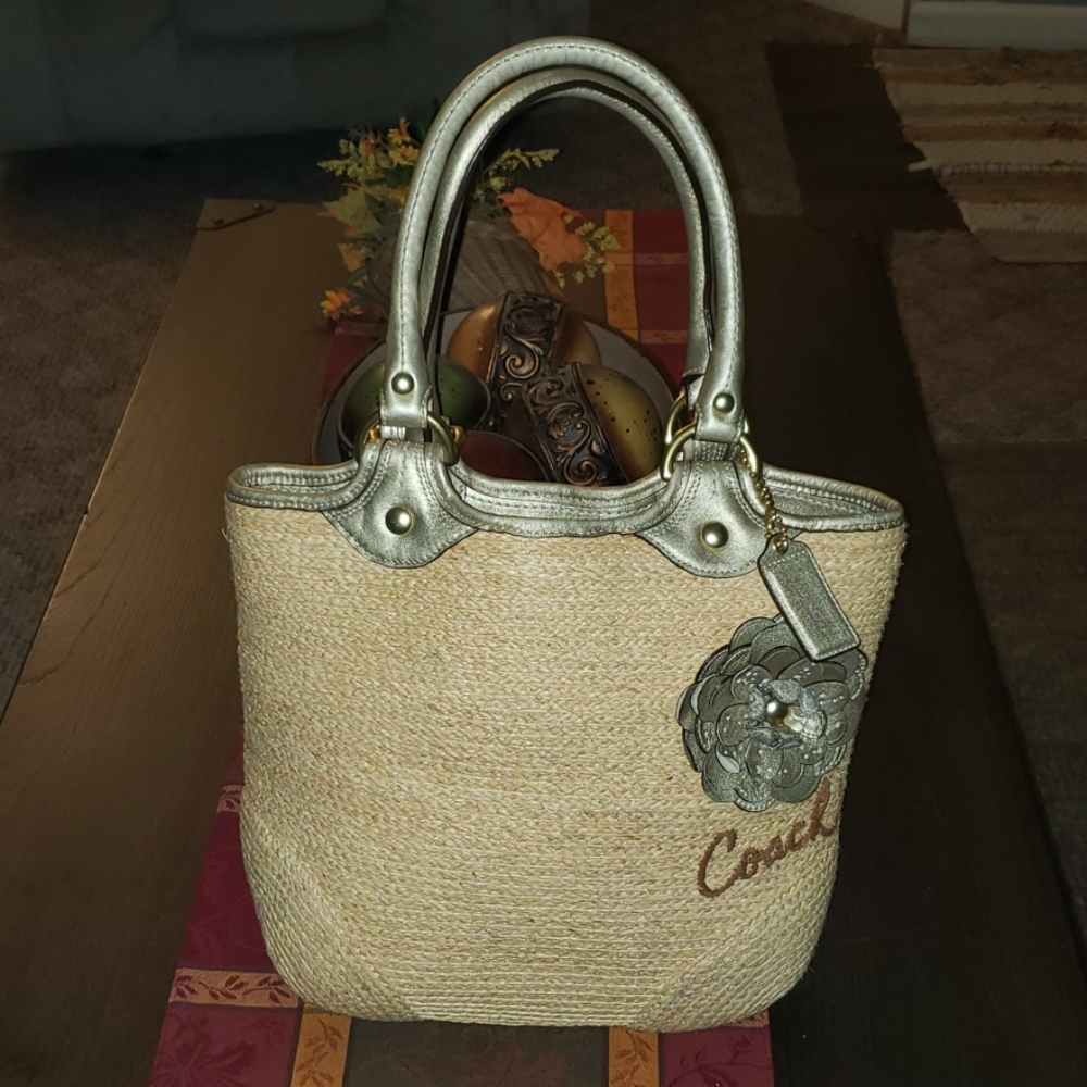 Coach Raffia Straw Metallic Bronze Floral Tote Bag - Gem